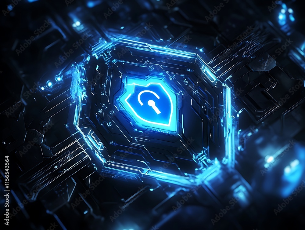 Digital blue lock logo on black background, data transfer and security ...