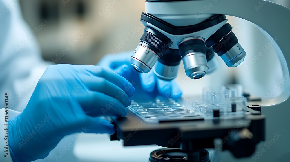 laboratory microscope and a scientist observing microscopic particles ...