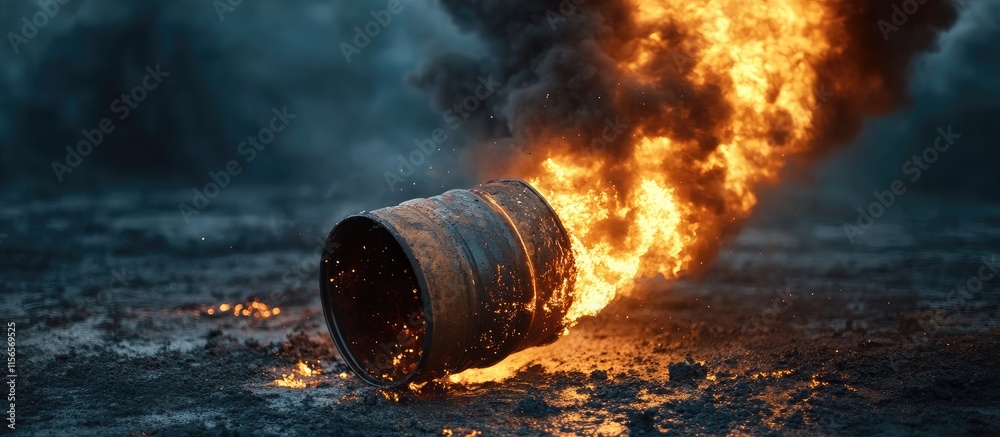 Explosion of oil barrel with flames and dark smoke rising from spillage ...