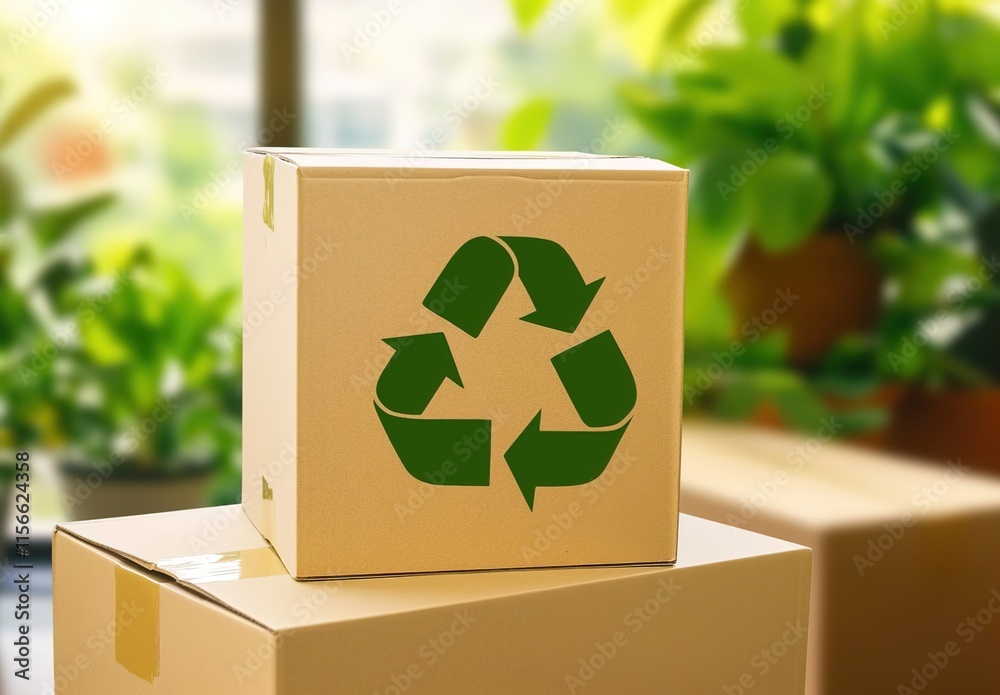 A cardboard box with the recycling symbol on it, next to another carton ...