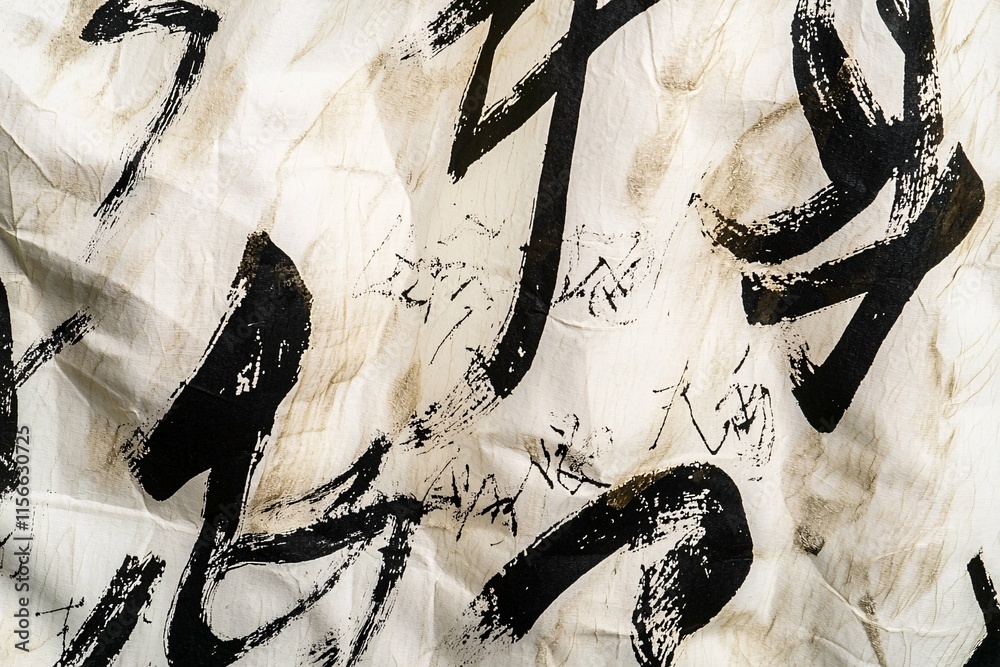 Elegant Chinese calligraphy brush strokes flow across textured rice ...