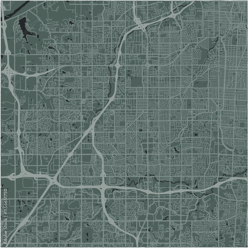 Map of Overland Park in Kansas in a smooth dark style. Contains layered ...