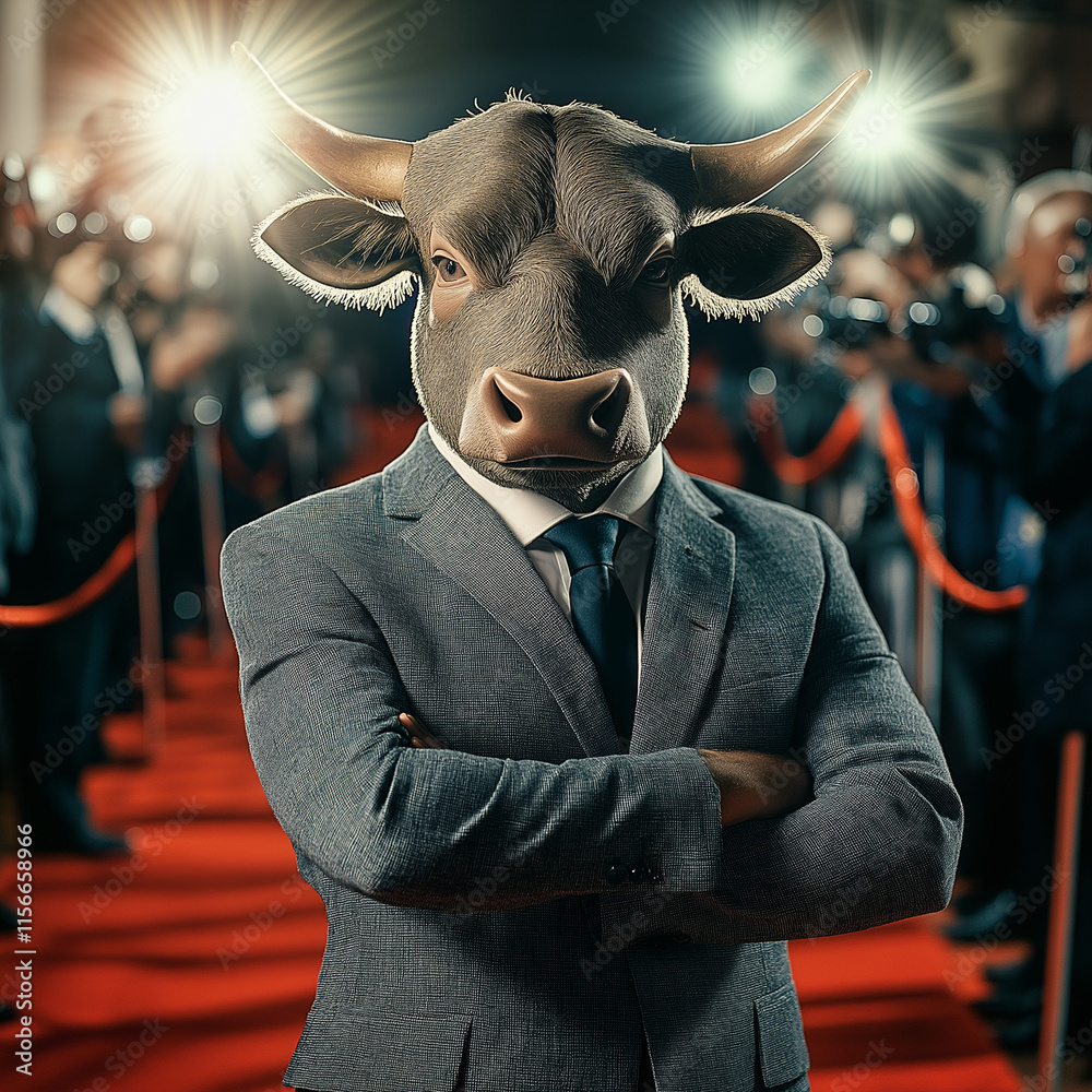 Bizarre red carpet event bull-masked businessman gala night photography ...