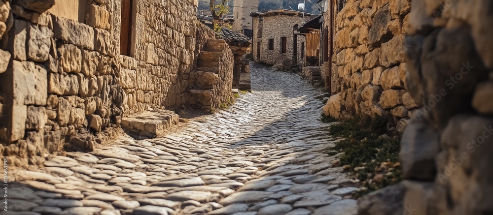 Cobblestone village road lined with historic stone architecture ...