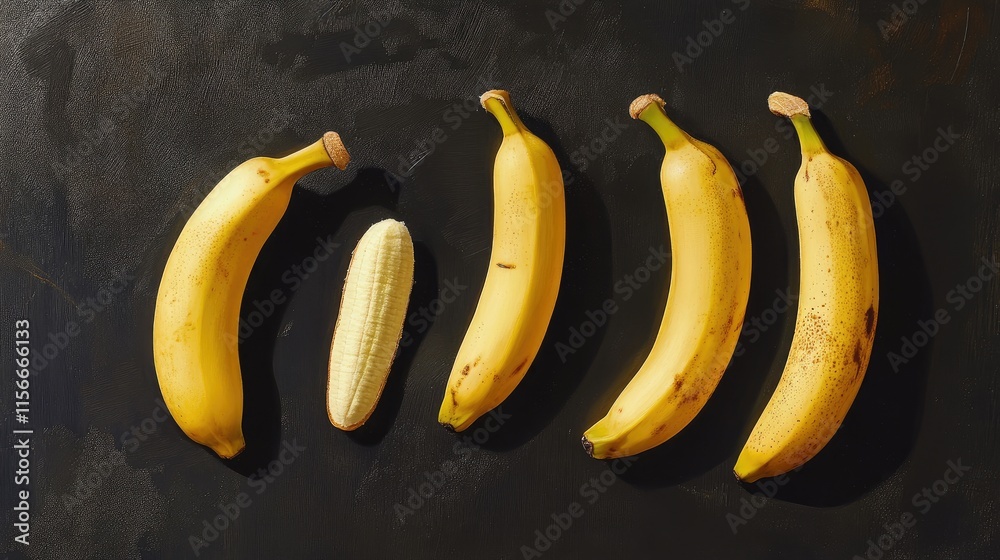 Bananas arranged on a dark surface showcasing different stages of ...
