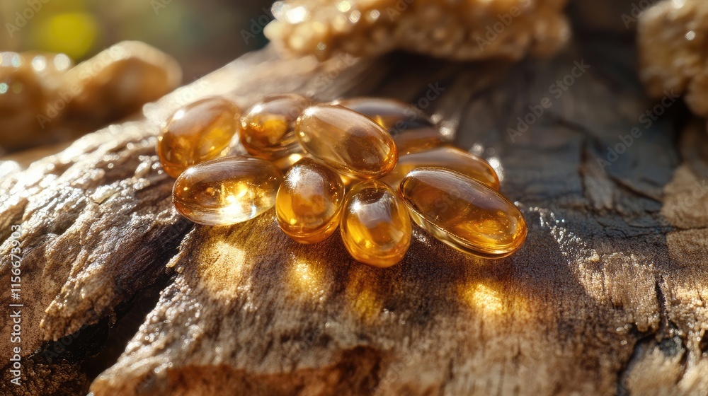 Transparent Omega 3 gel capsules on rustic wooden surface highlighting ...