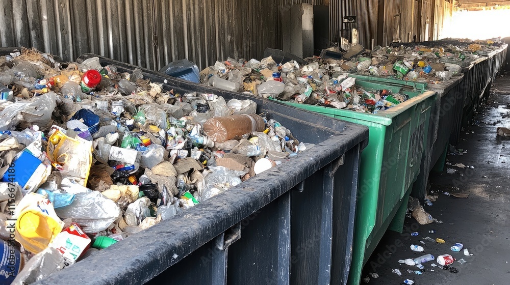 Overflowing trash collection bins filled with recyclable materials at a ...