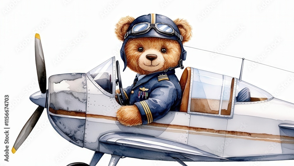 Flying teddy bear pilot airplane cockpit illustration whimsical front ...
