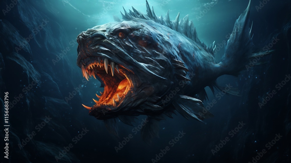 A depiction of a fearsome fangtooth fish with its menacing illuminated ...