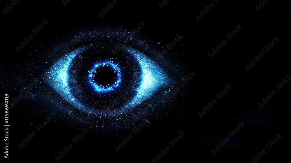 Starry sky inside an eye with blue light and glowing stars in its ...