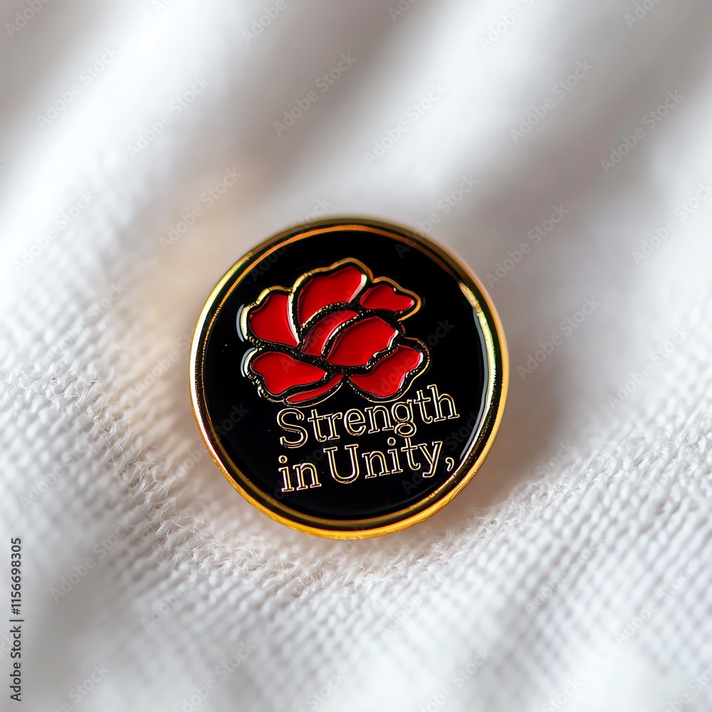 A vibrant enamel pin featuring a red rose and the phrase 'Strength in ...