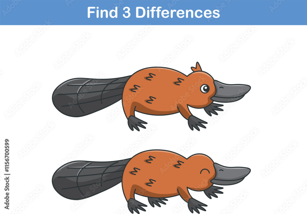 Education game for children find three differences between two platipus ...