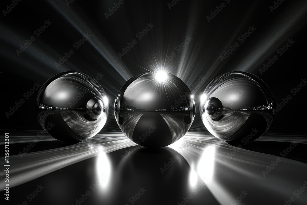 Three chrome spheres radiate light in a dark background, creating a ...
