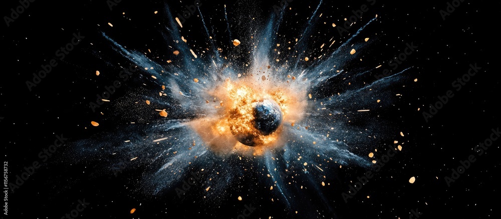 Planetary explosion in outer space with dynamic debris and dark ...