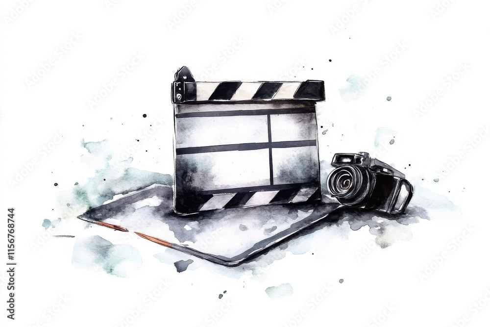 Artistic representation of a movie clapperboard and camera, symbolizing ...