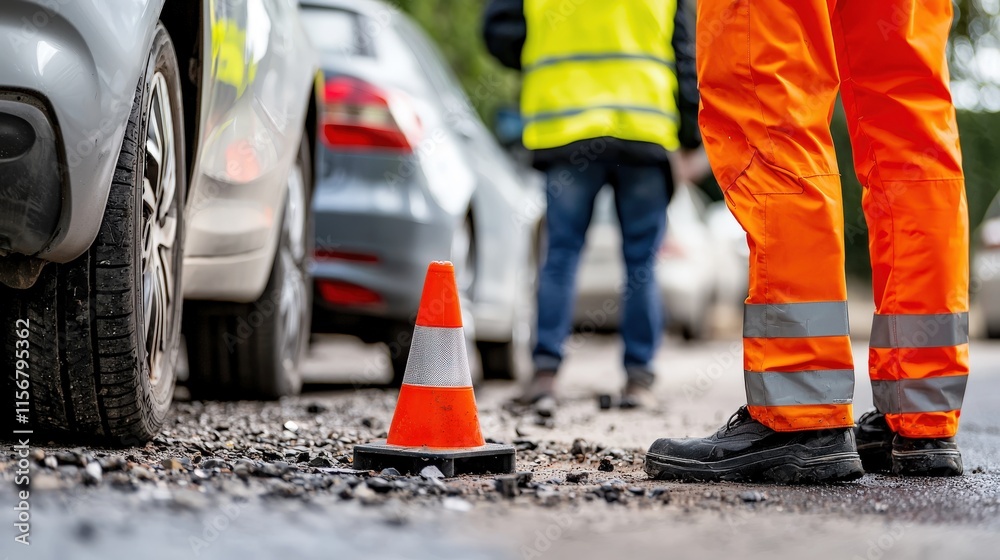Accident response team assesses vehicle collision urban street ...