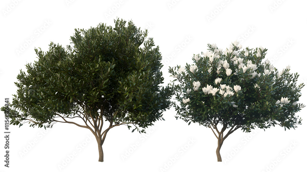 Magnolia grandiflora set frontal tree and bush isolated png on a ...