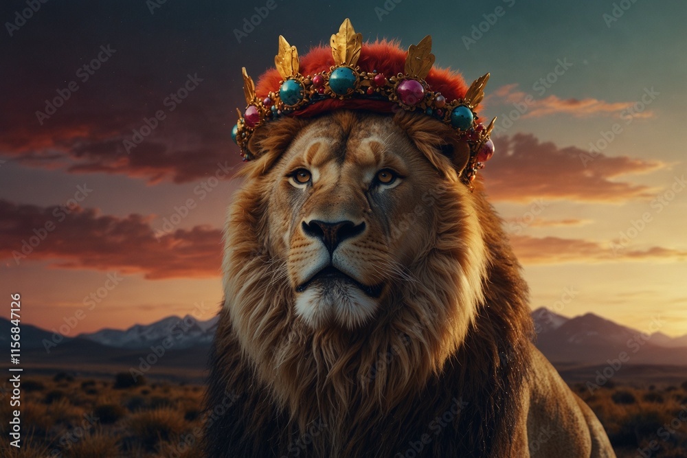 Christian Concept Art of a Lion Wearing a Crown Symbolizing Majesty and ...
