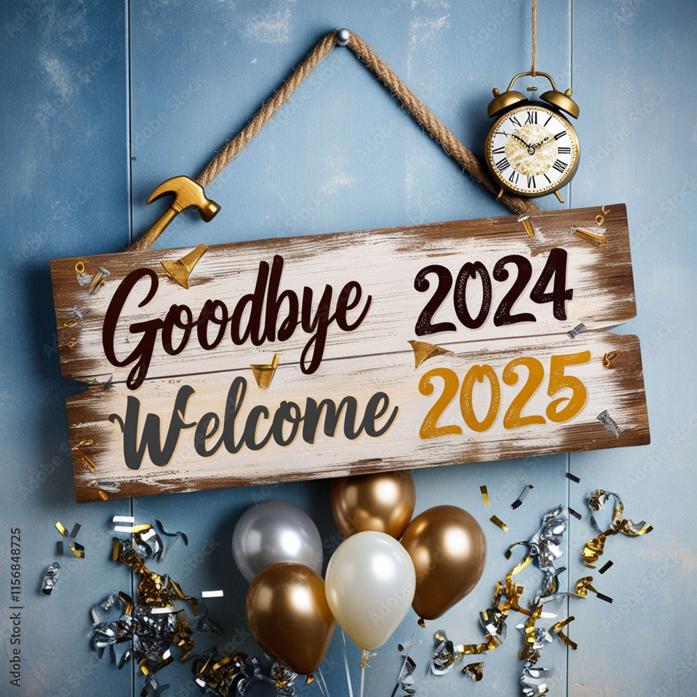 A rustic wooden sign reads "Goodbye 2024" in gold cursive and "Welcome ...