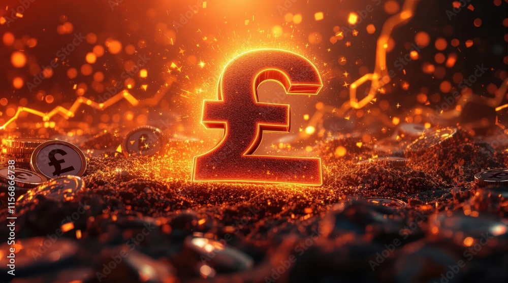 glowing pound symbol in fiery background symbolizing finance, wealth ...