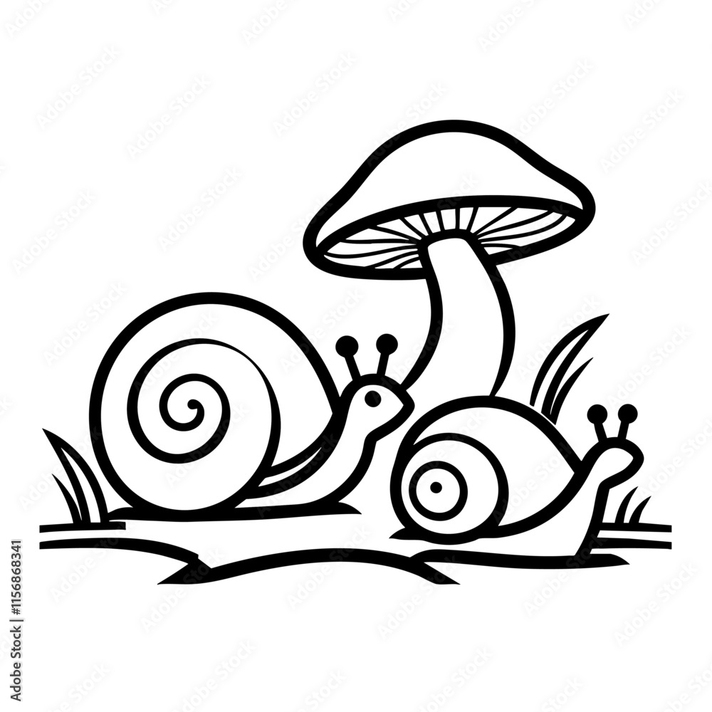 printable coloring pages of two snails crawling beside a mushroom, this ...