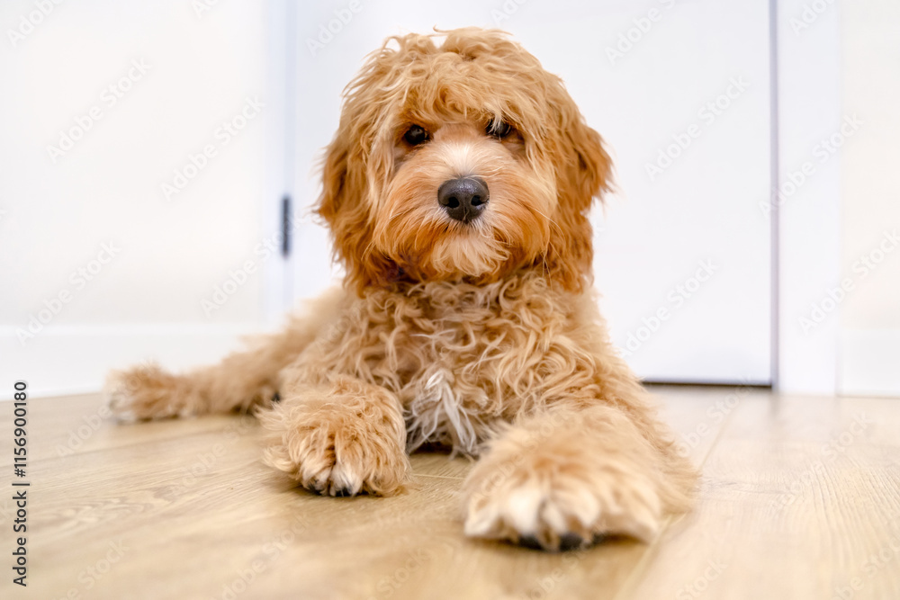 Dog of a Cavapoo or Cockapoo breed in home. Close-up of curly brown ...