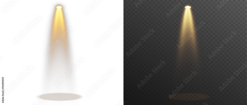 Golden spotlight shines on transparent background. Glowing light effect ...