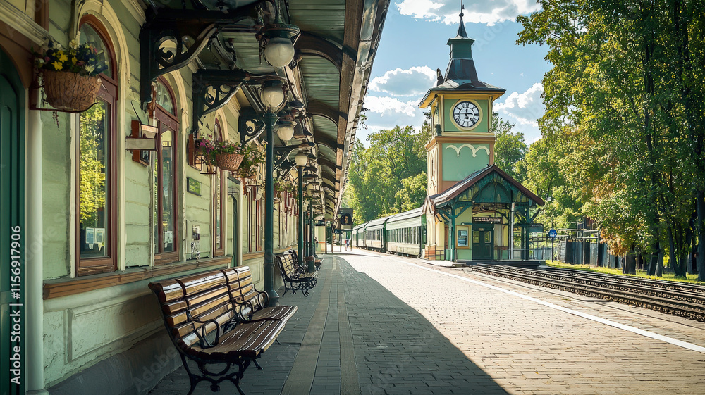 Vintage train station: old benches, antique ticket booths, intricate ...