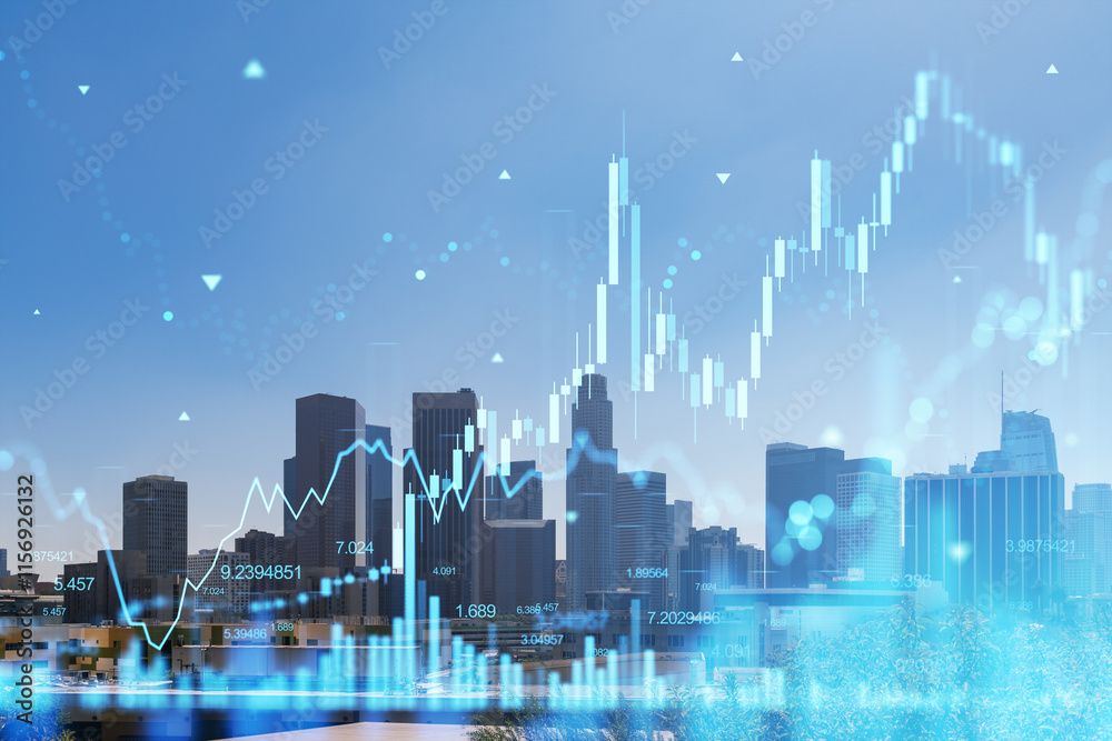 Los Angeles skyline with superimposed stock market graphs. Digital, on ... Los Angeles skyline with superimposed stock market graphs. Digital, on ...