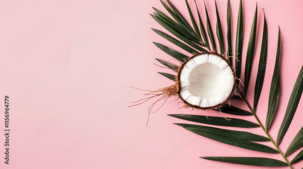 Coconut with palm leaves on pink background, banner. Minimalist stock ...
