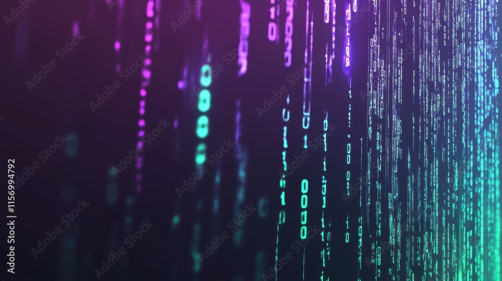 Futuristic neon matrix with cascading binary code in glowing blue and purple hues, creating an ...