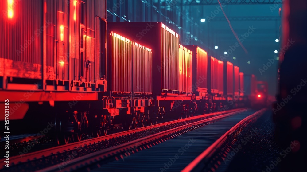 Cargo train illuminated at night, showcasing freight wagons in an urban ...