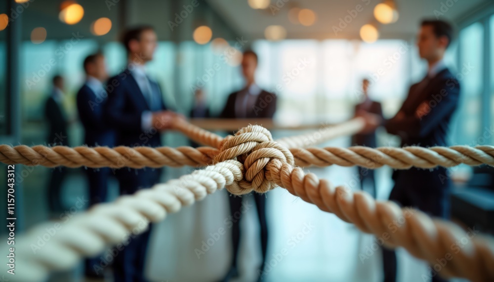 Businesspeople pull on ropes tied together in office. Teamwork ...