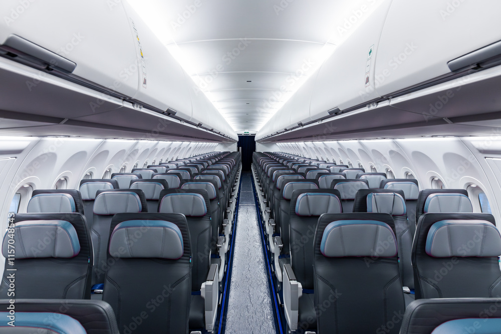 Foto de Stock Inside view of empty airplane cabin with modern cabin ...