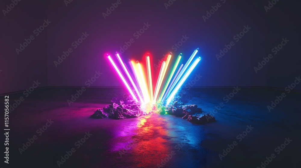 Colorful light beams emanating from a central source abstract studio ...