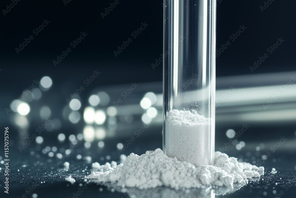 small amount of white powder is poured into a glass tube. The powder is ...