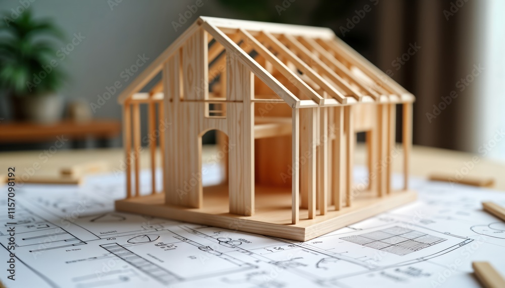 Wooden house model rests on blueprint plans for building project ...