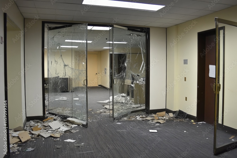 A deserted office hallway features shattered glass doors, creating a ...