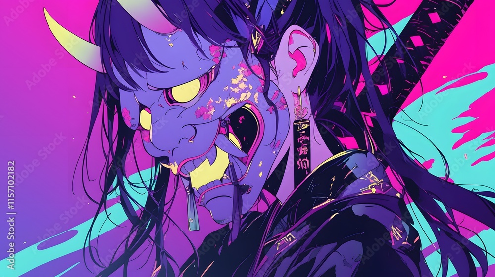 Cyberpunk anime girl wearing a Japanese oni mask with neon rainbow ...
