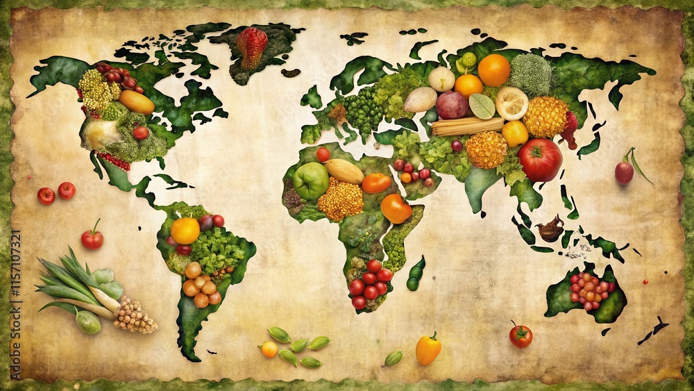 Foto de Stock Vintage World Map of Fruits & Vegetables, Whimsical ...