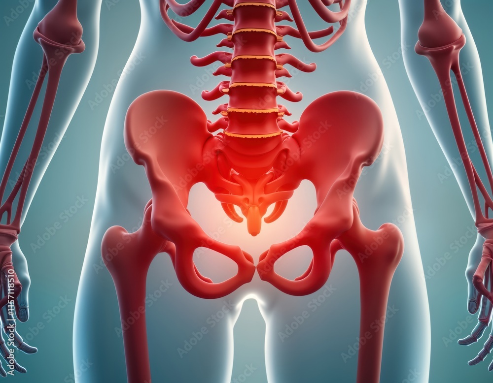 Medical illustration of female pelvis anatomy painful area. Focus on pelvic bones, uterus ...