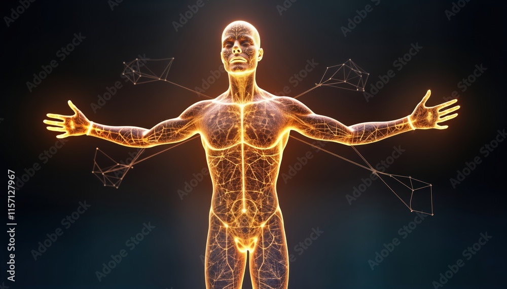 Glowing 3D human body model projected on dark background. Human anatomy ...
