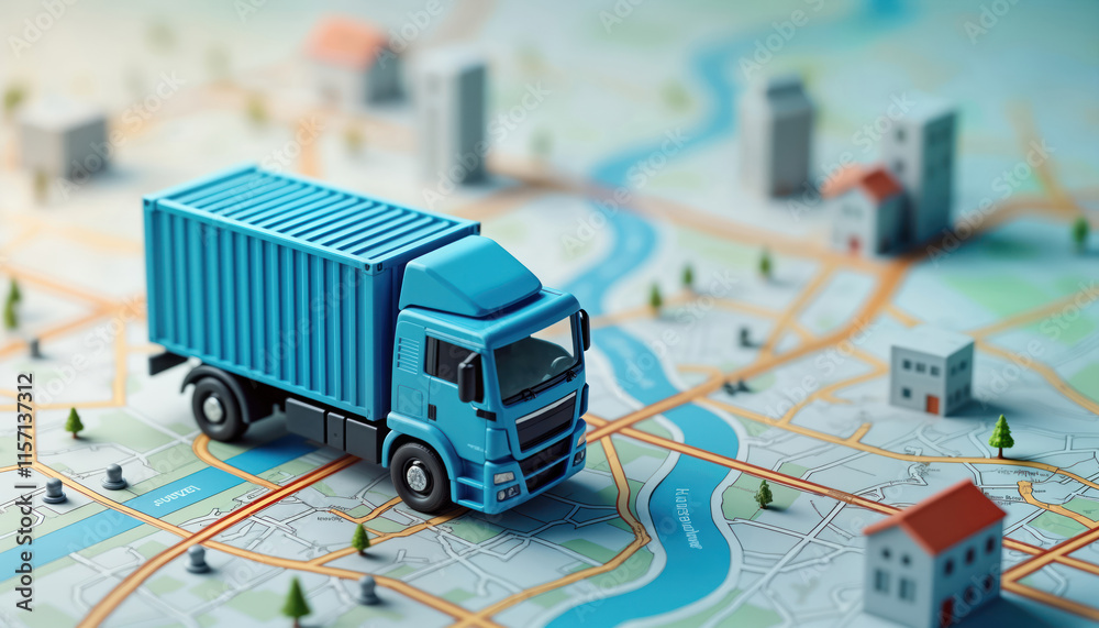 Blue truck with container on top view map. Model truck moves along ...