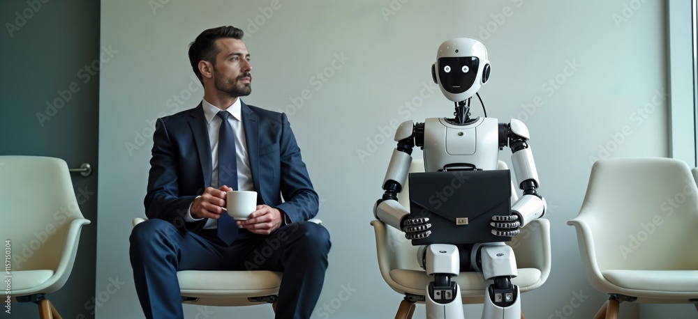 Businessman, AI robot sit in waiting room for job interview. Man holds ...