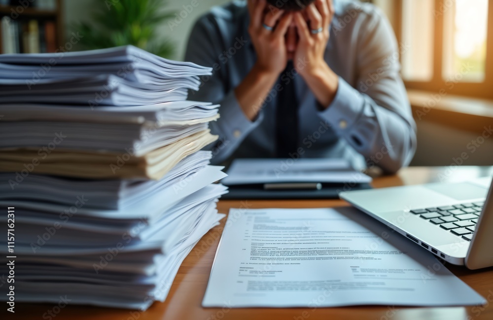Stressed businessman faces paperwork overload in office. Man buried in ...