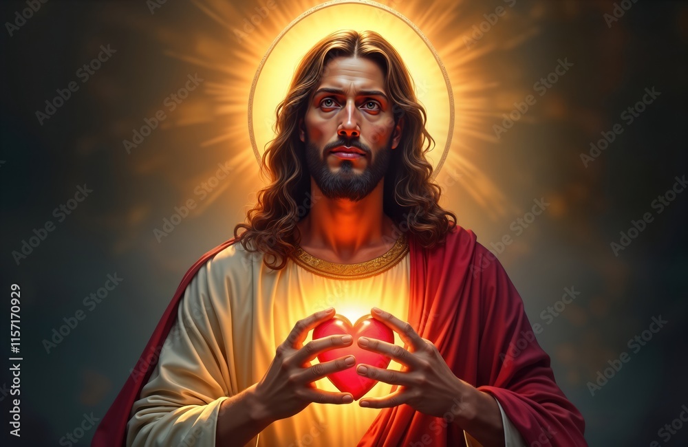 Jesus Christ holds glowing heart. Divine light surrounds. Religious art ...