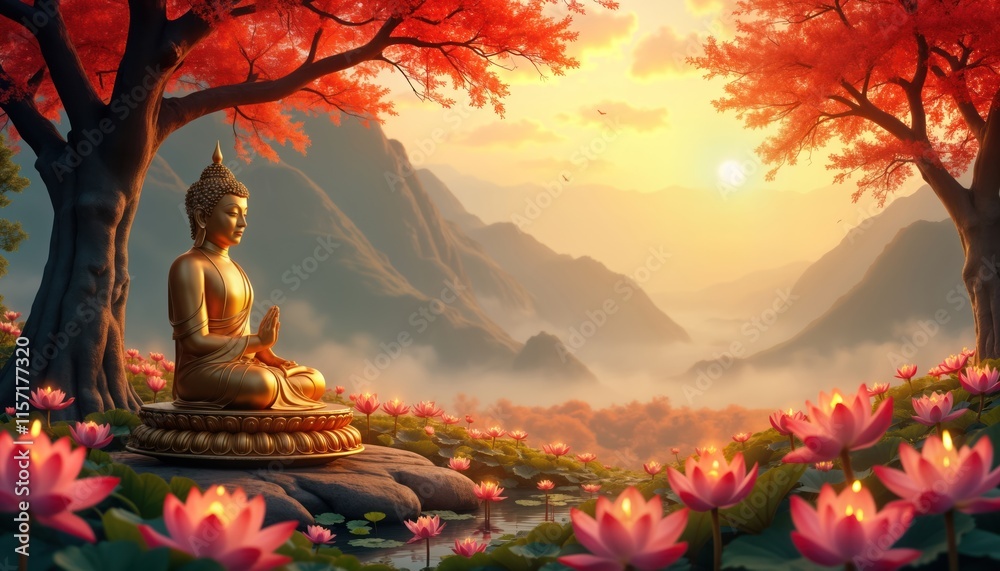 Golden Buddha statue sits peacefully amidst lotus flower field in ...