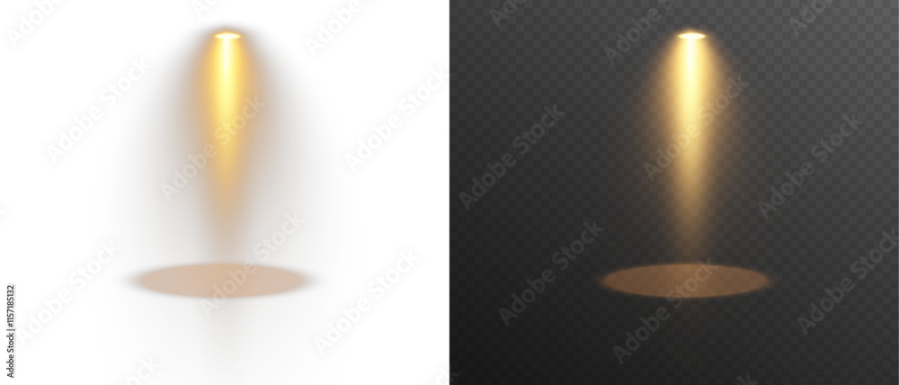 Golden spotlight shines on transparent background. Glowing light effect ...