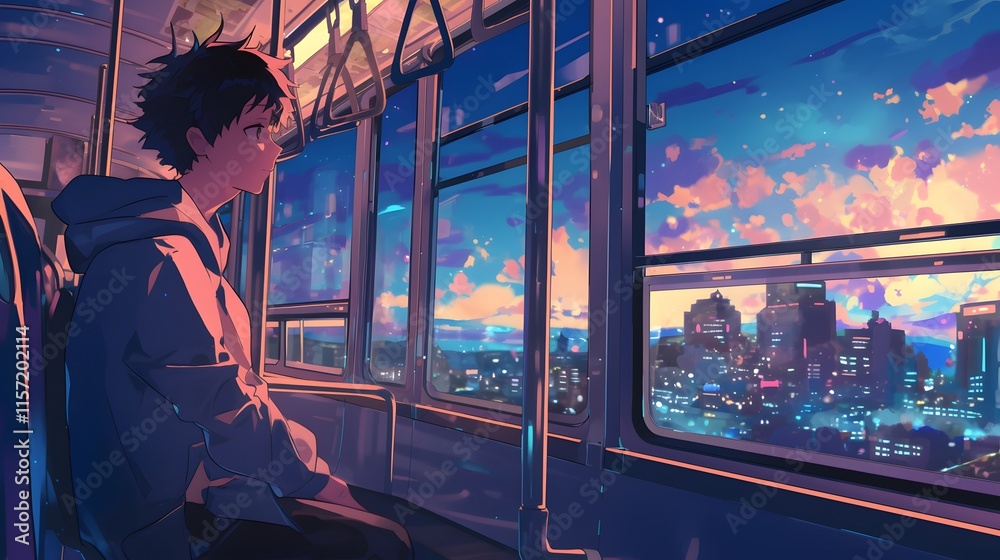 Lofi anime boy riding a bus at night, city lights in background Stock ...