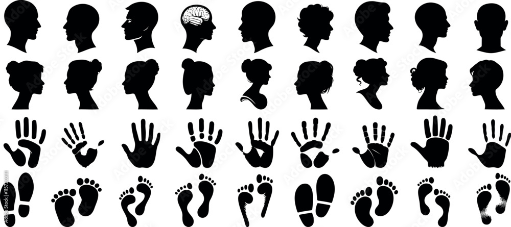 human head profile, handprint, and footprint silhouette vector set ...